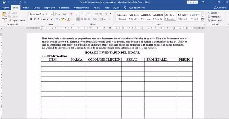 Descargar Formato de inventario de hogar en Word - Formatos, Plantillas ...